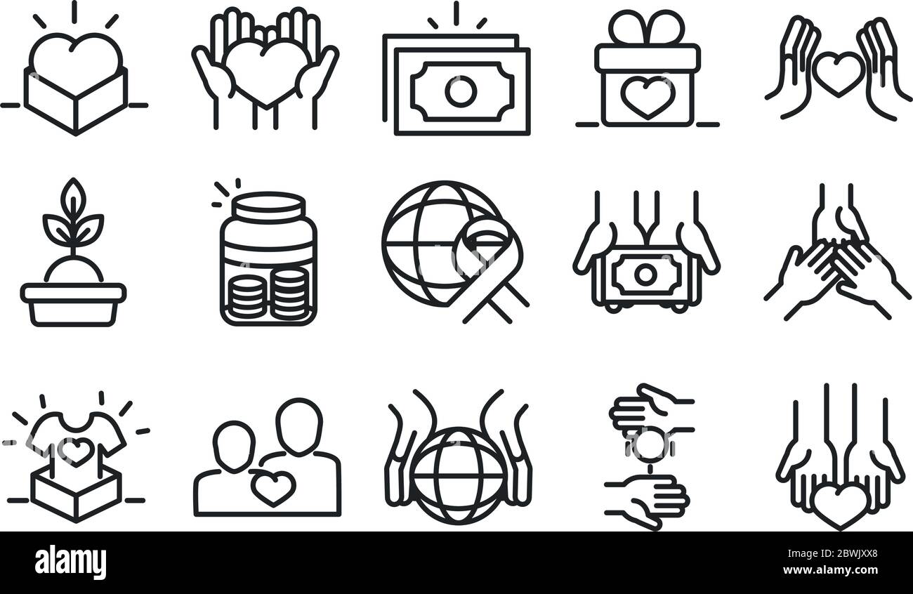 donation charity volunteer help social assistance icons collection line ...
