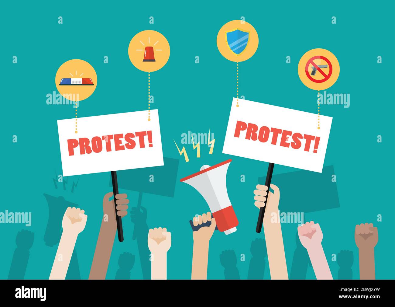 Crowd of people protesters with security icons. Vector illustration ...