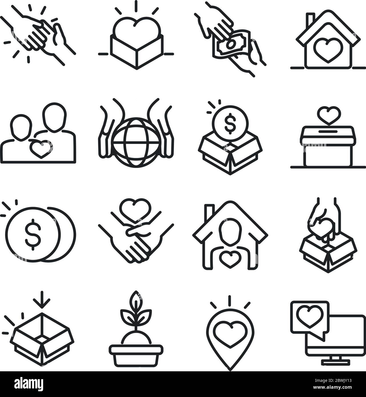 donation charity volunteer help social assistance icons collection line ...