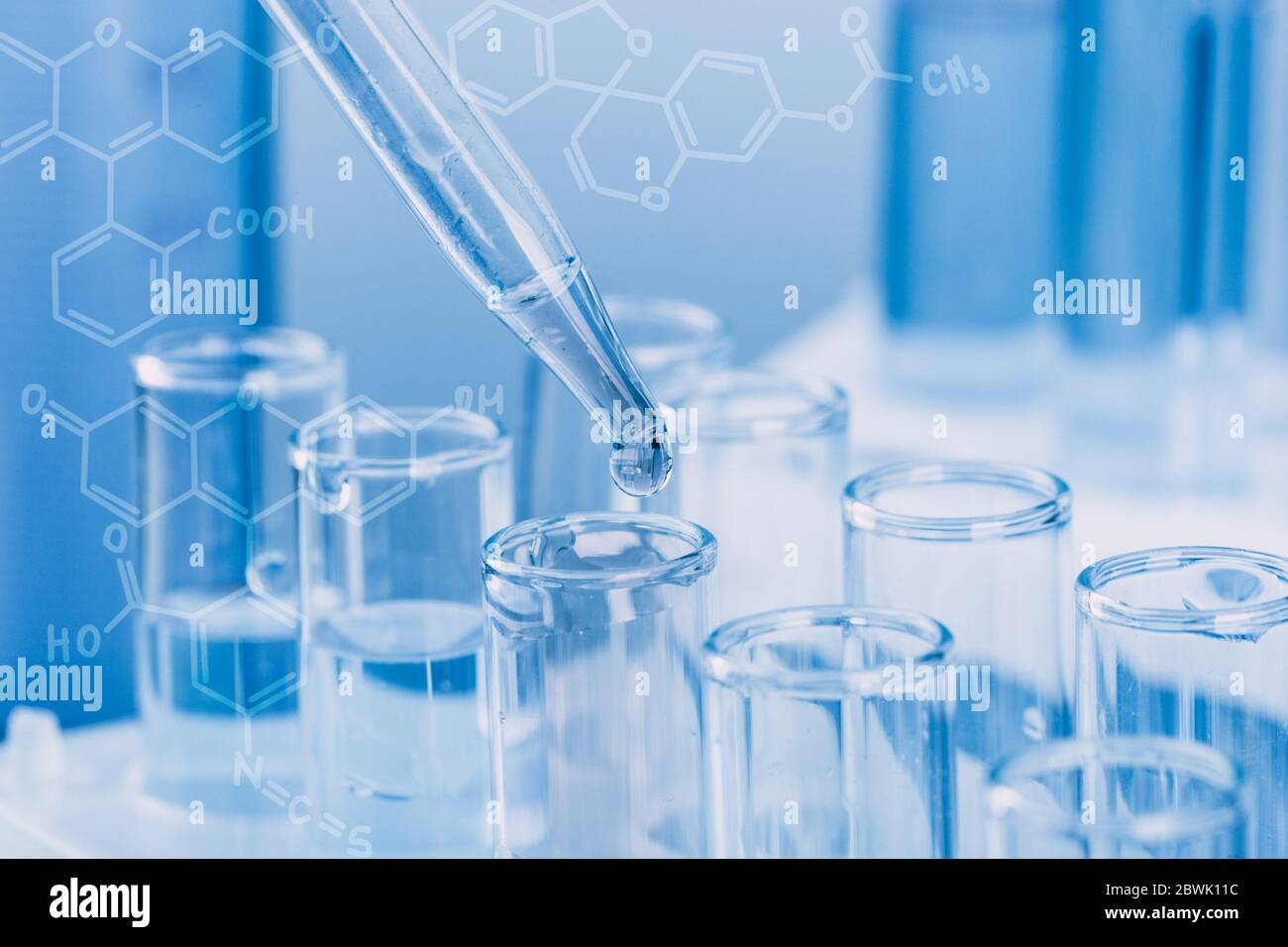 Laboratory glassware with a dropper dripping liquid into a test tube ...