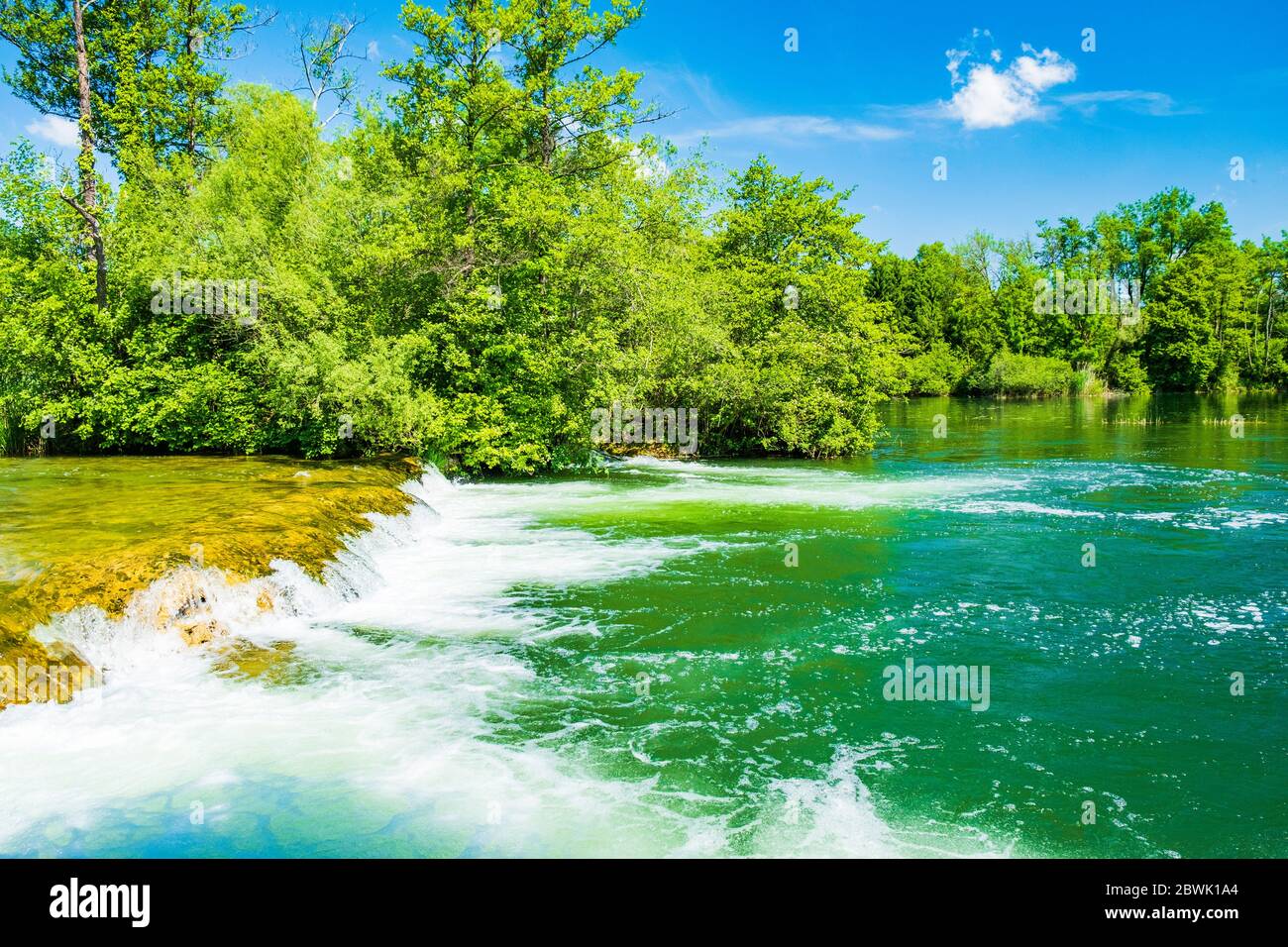 Croatia, Mreznica river, beautiful waterfall, green countryside ...