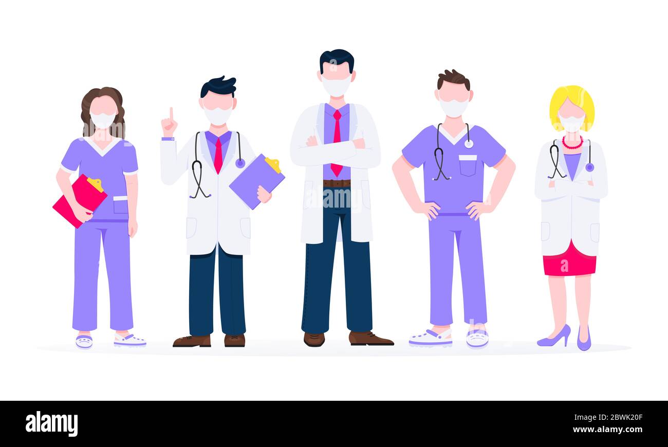 Successful team of medical employee doctors with face masks vector ...