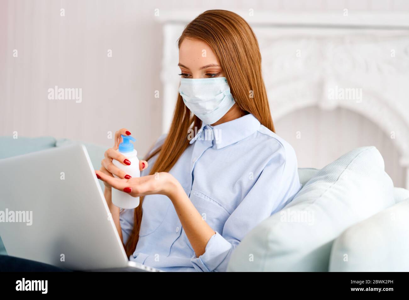 Woman using an antibacterial antiseptic gel for disinfection and clean ...