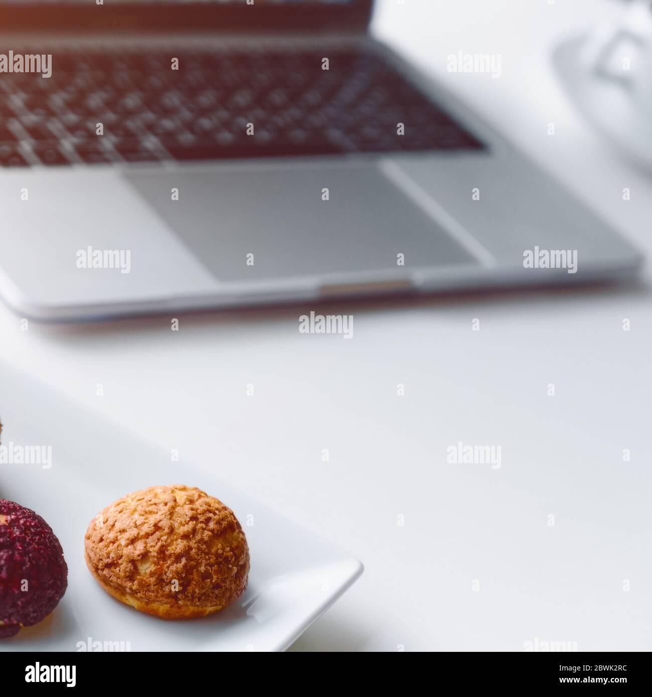 Business lunch in office,food snacks coockies on white wooden desk near ...