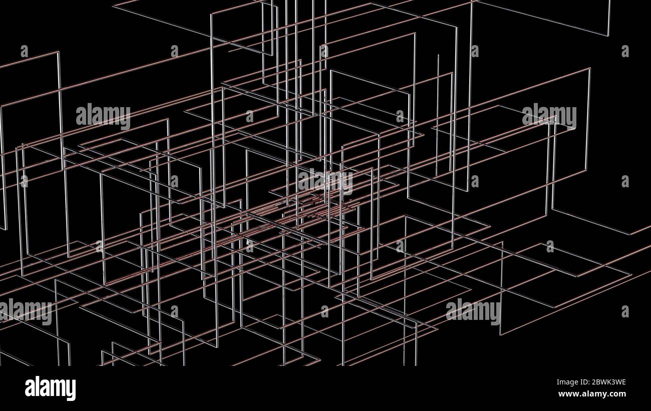 3D illustration of geometric connection structure on black background ...