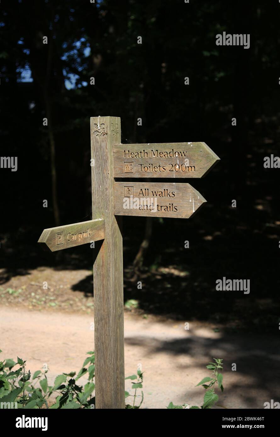 National trust signpost in Comer wood, Dudmaston estate, Shropshire, UK ...