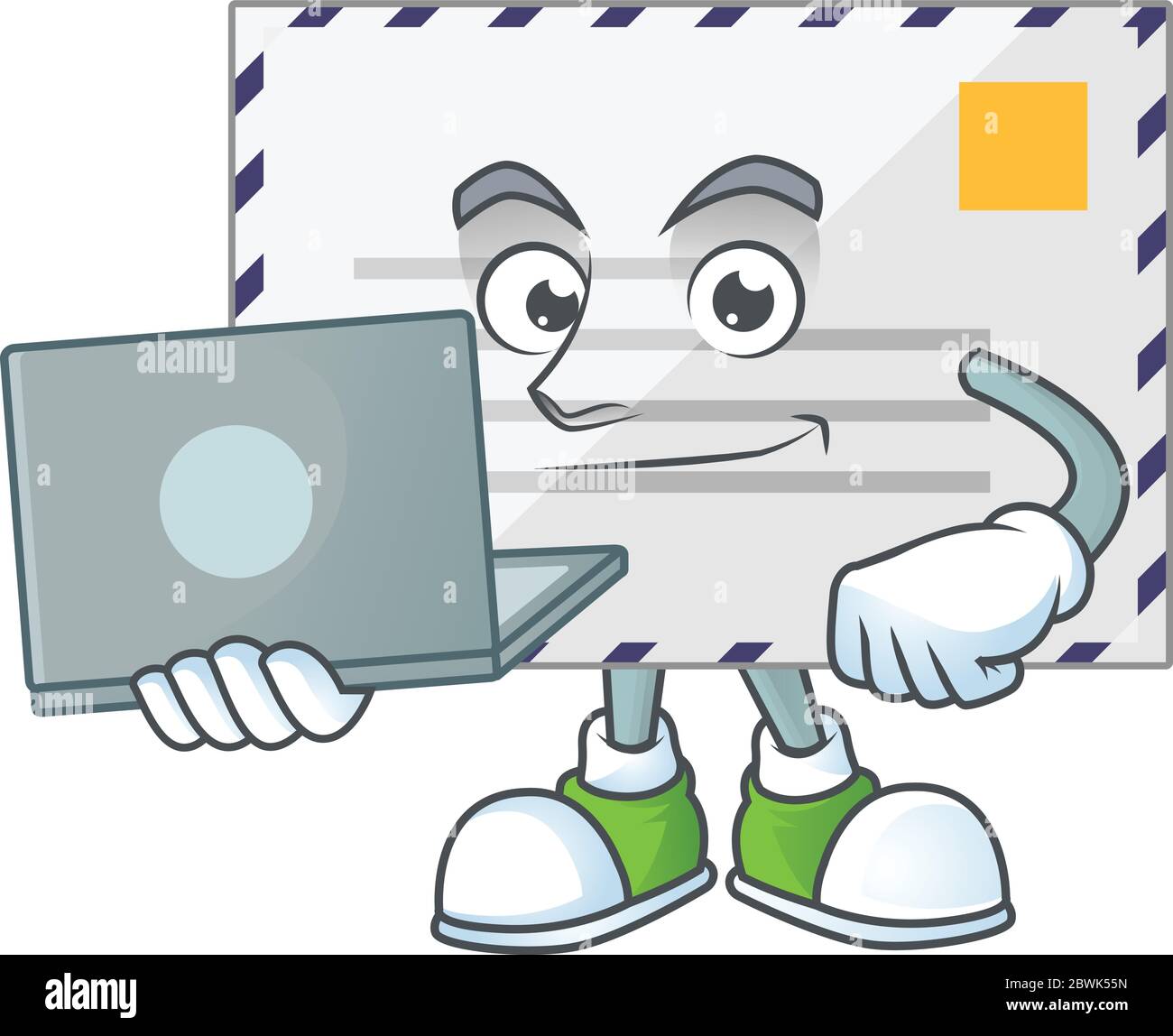 Diligent letter cartoon drawing concept working from home with laptop ...