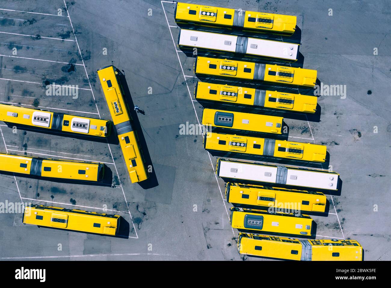 Aerial top down photo of bus terminus Stock Photo - Alamy