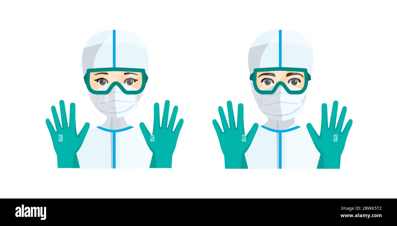 Young male and female doctors with sanitary protection against illness ...