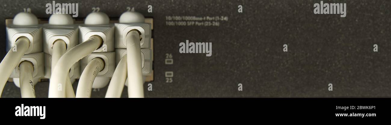 Network switch and ethernet cable in rack cabinet. Network connection ...