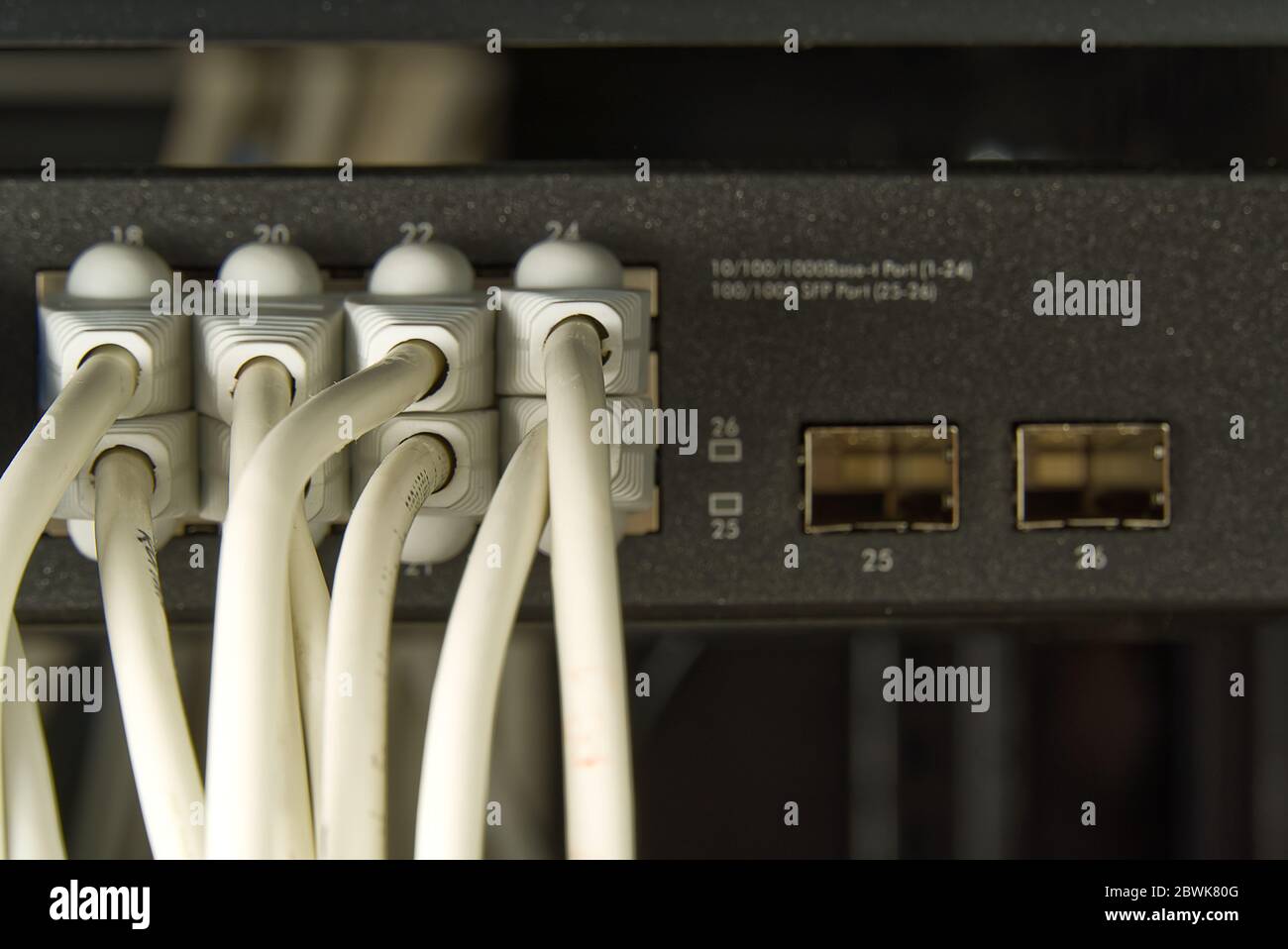 Network switch and ethernet cable in rack cabinet. Network connection ...