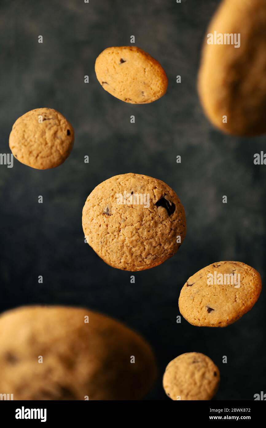 Homemade chocolate cookie falling with dark background. Selective focus ...