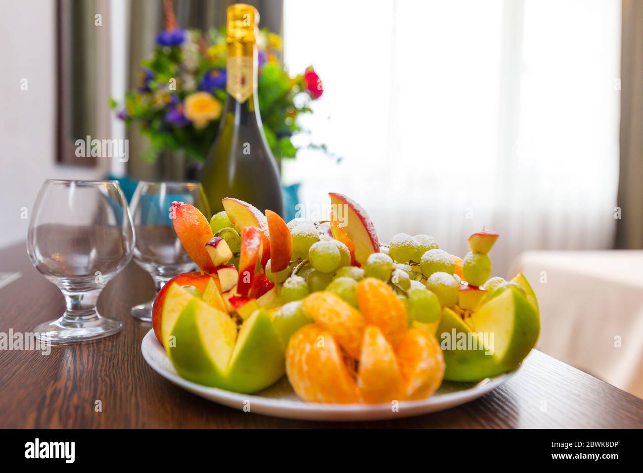 Still life with wine glasses and fruits romantic celebration Stock ...