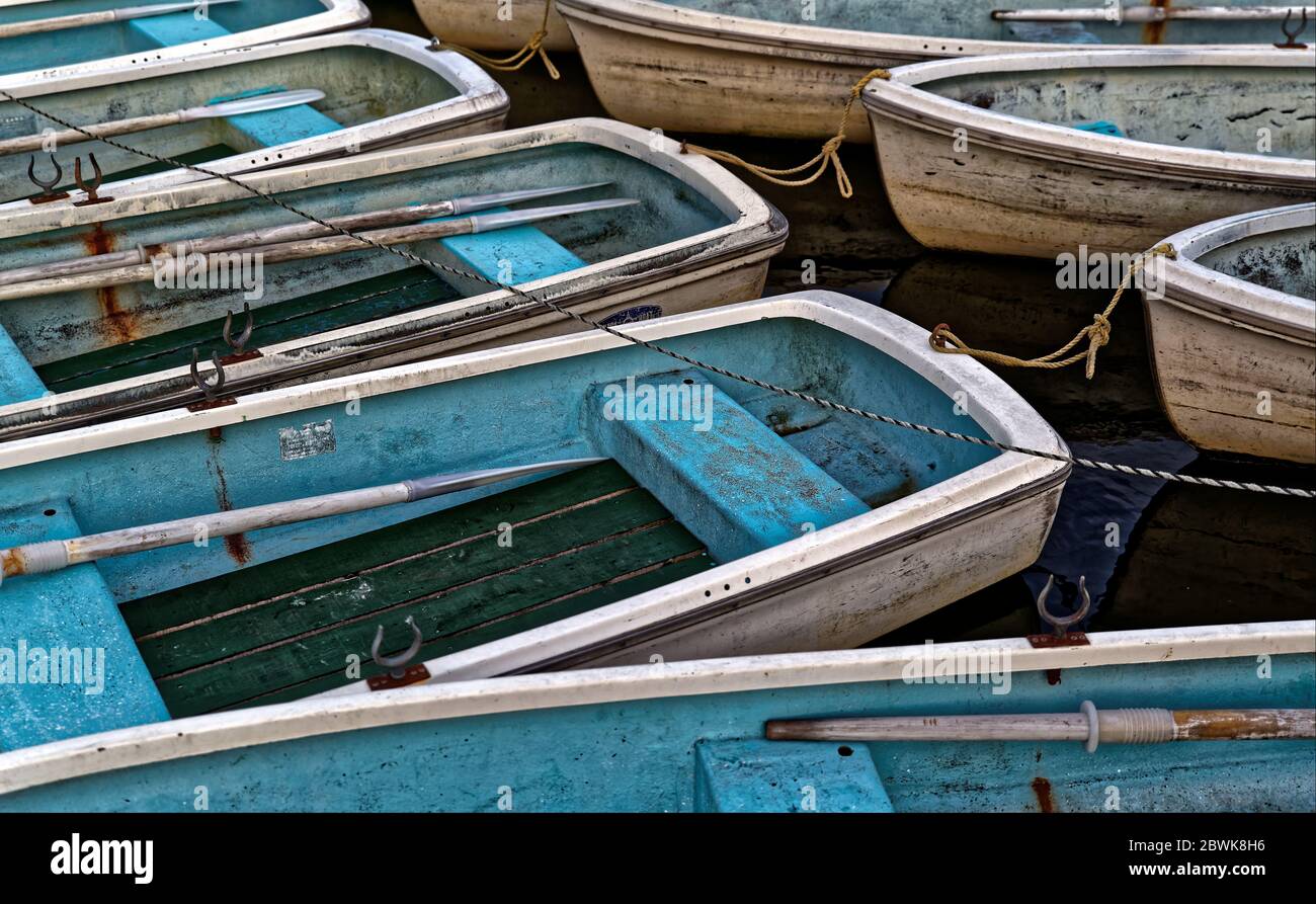 A number of old blue boats docked together on a calm lake Stock Photo ...