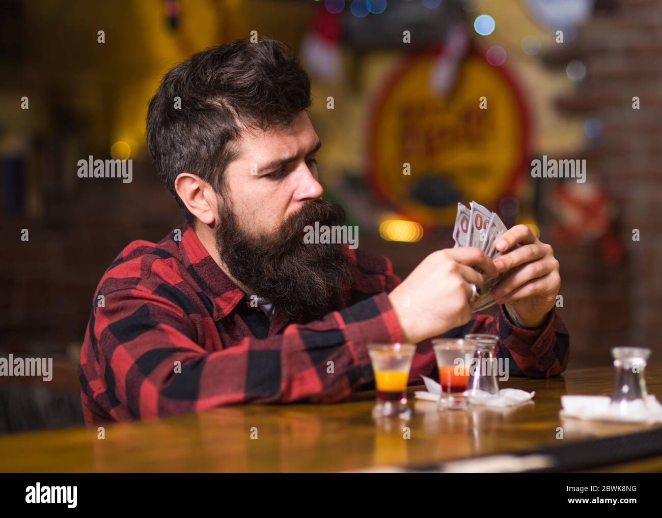 Get drunk concept. Guy spend leisure in bar drinking cocktail ...
