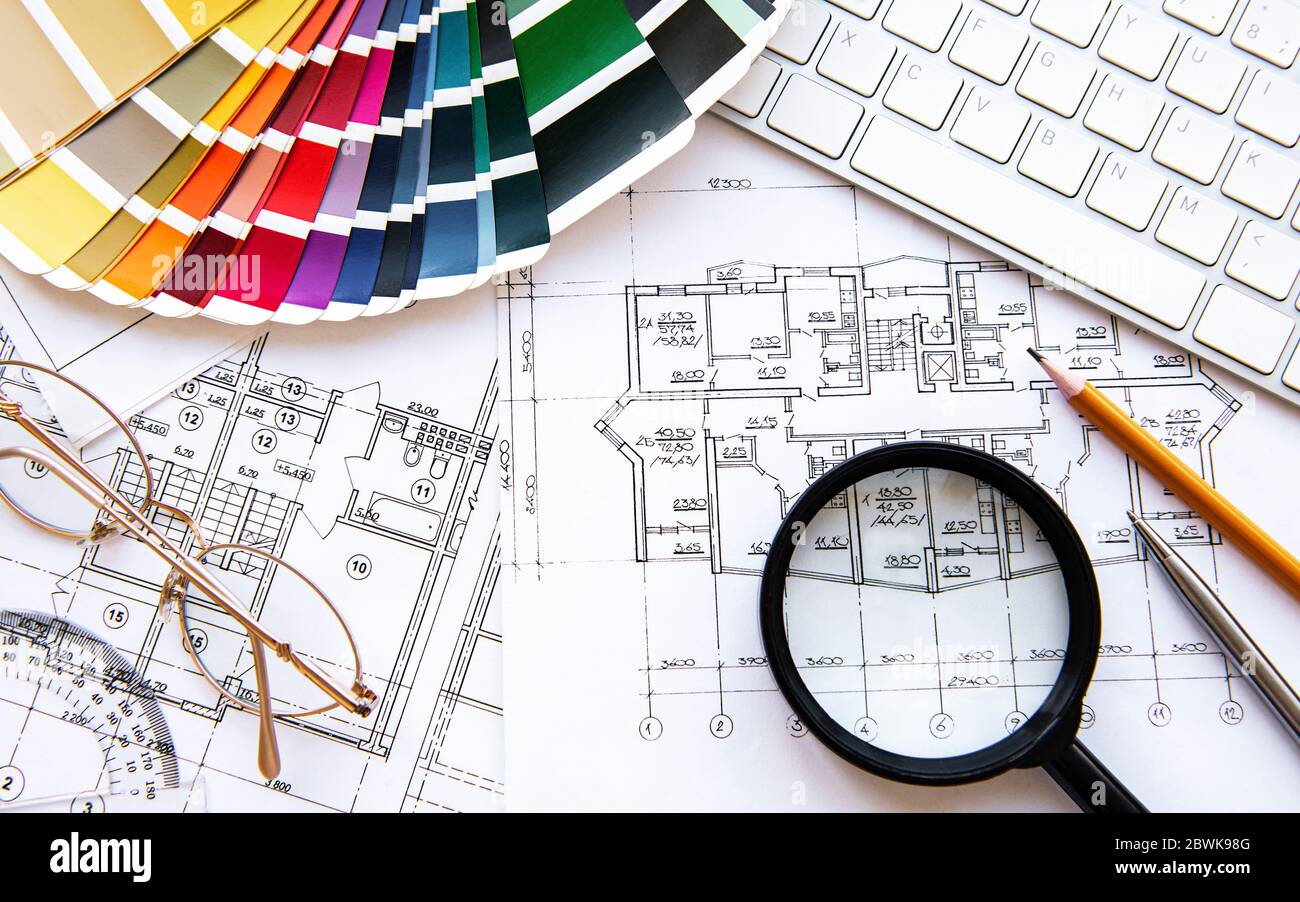 Architect workplace top view. Architectural project, blueprints ...