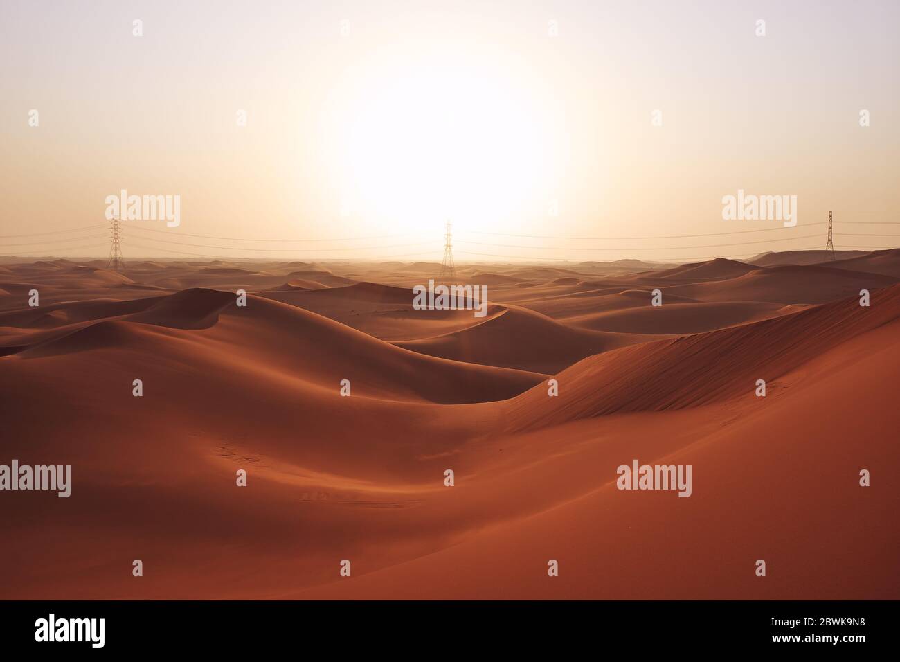 Bright sunrise on the red sand dunes of the Al Dahna Desert in Riyadh ...