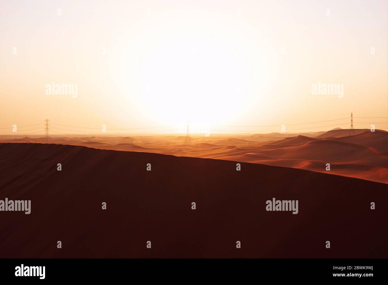 Bright sunrise on the red sand dunes of the Al Dahna Desert in Riyadh ...