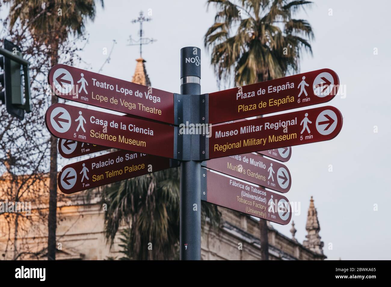 Seville, Spain - January 17, 2020: Directional signs to tourist ...