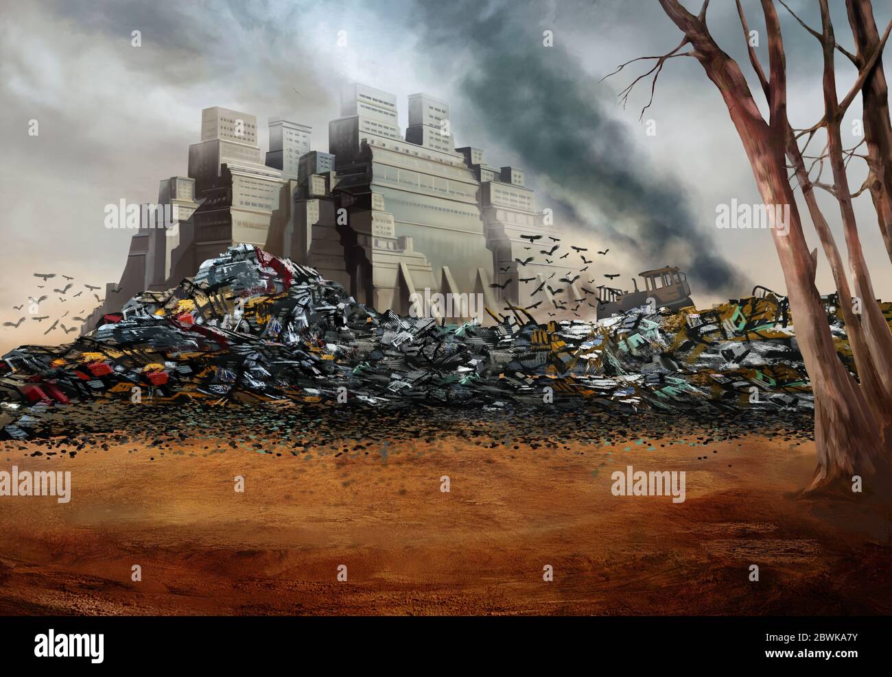 Plant building and junkyard with bulldozer and birds landscape ...