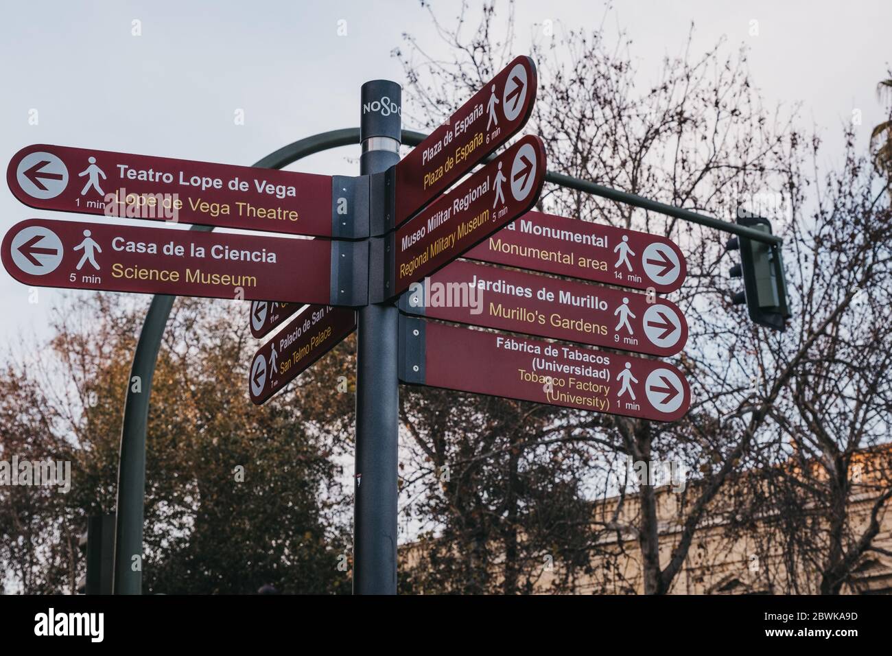 Seville, Spain - January 17, 2020: Directional signs to tourist ...