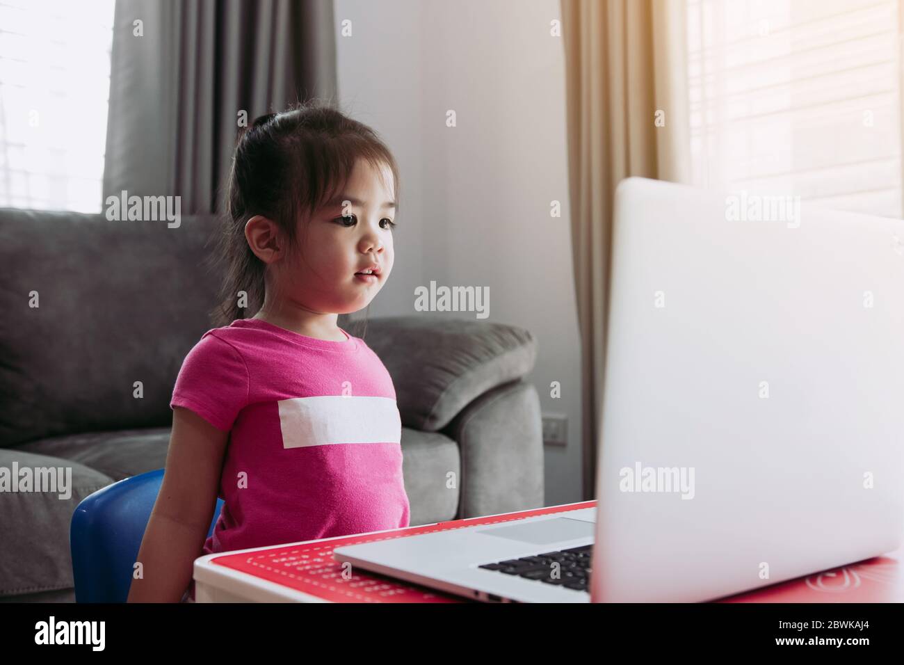 Little girl sitting learning on table working on laptop computer ...