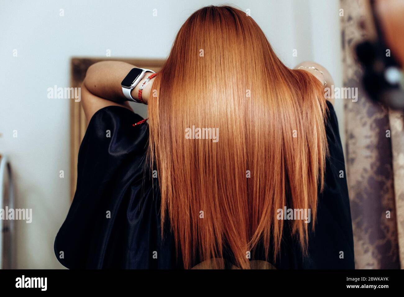 Professional hairdresser shooting straight clients redhead hair after ...