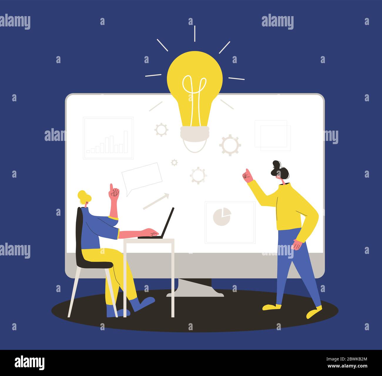 Brainstorming. Have a business idea. Character working on computer and ...