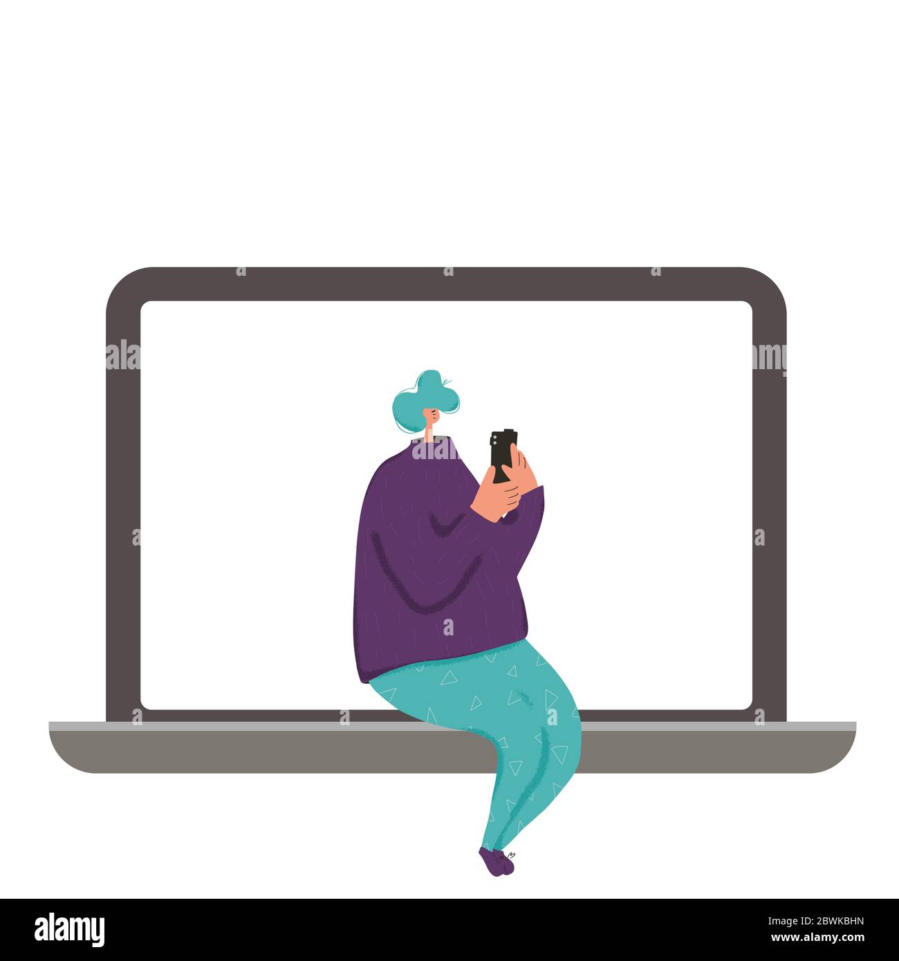 Female character using her phone for texting a message sitting on huge ...