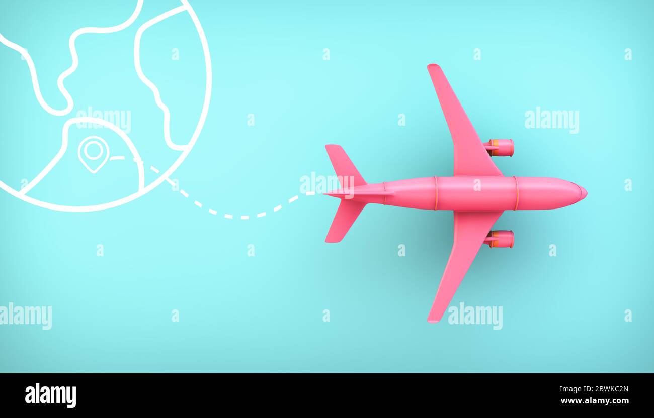 Pink plane with a route Illustration 3d rendering Stock Photo - Alamy