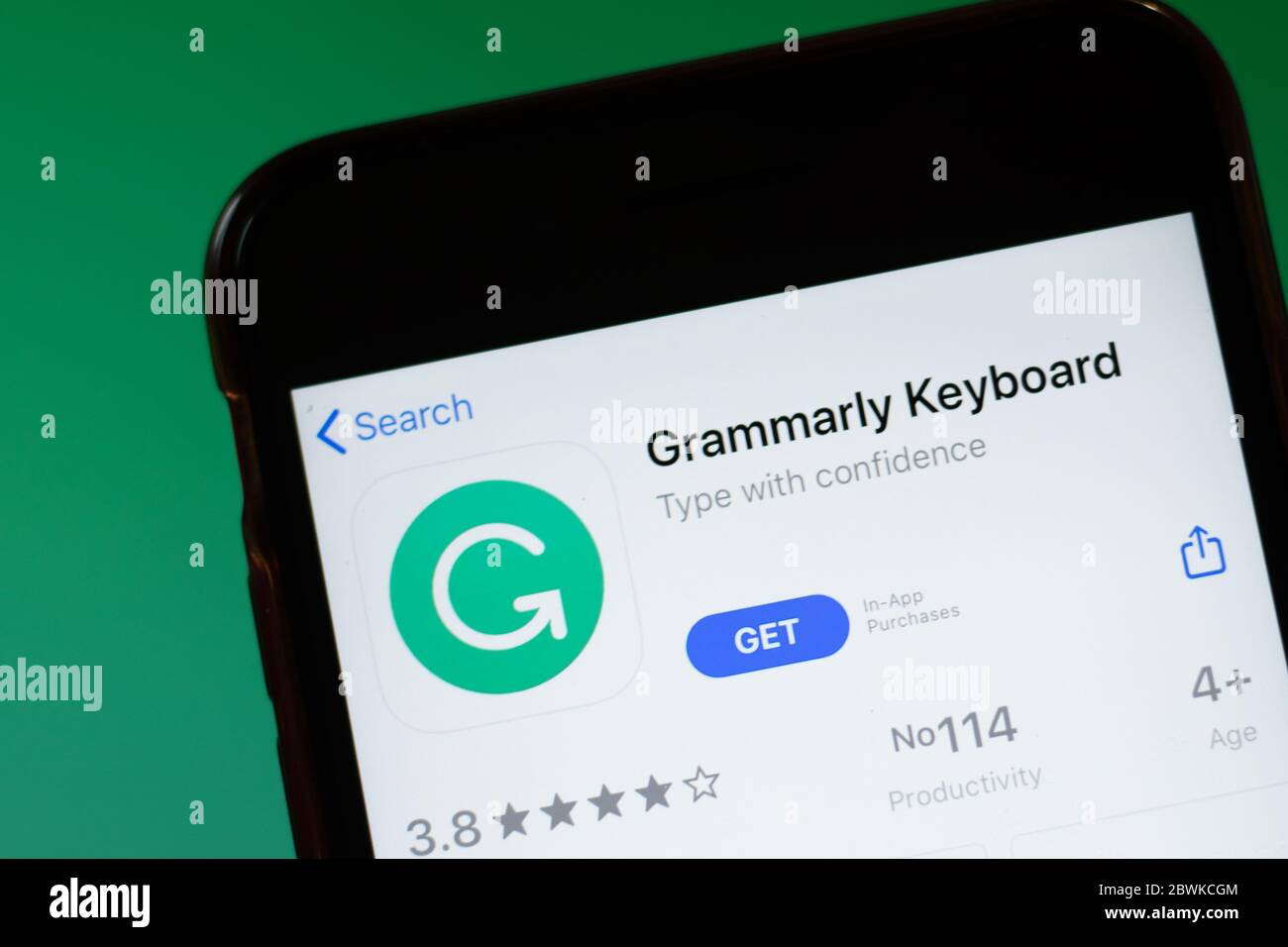 Moscow, Russia - 1 June 2020: Grammarly Keyboard app mobile logo close ...