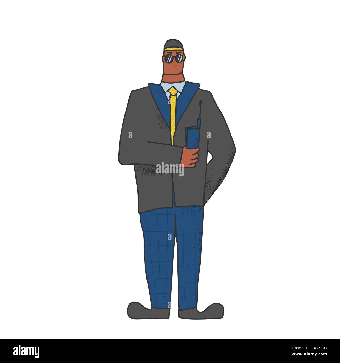 Security guard standing with radio transmitter. Man wearing in a ...