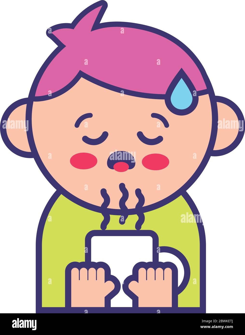 man with fever sick drinking tea kawaii line style Stock Vector Image ...