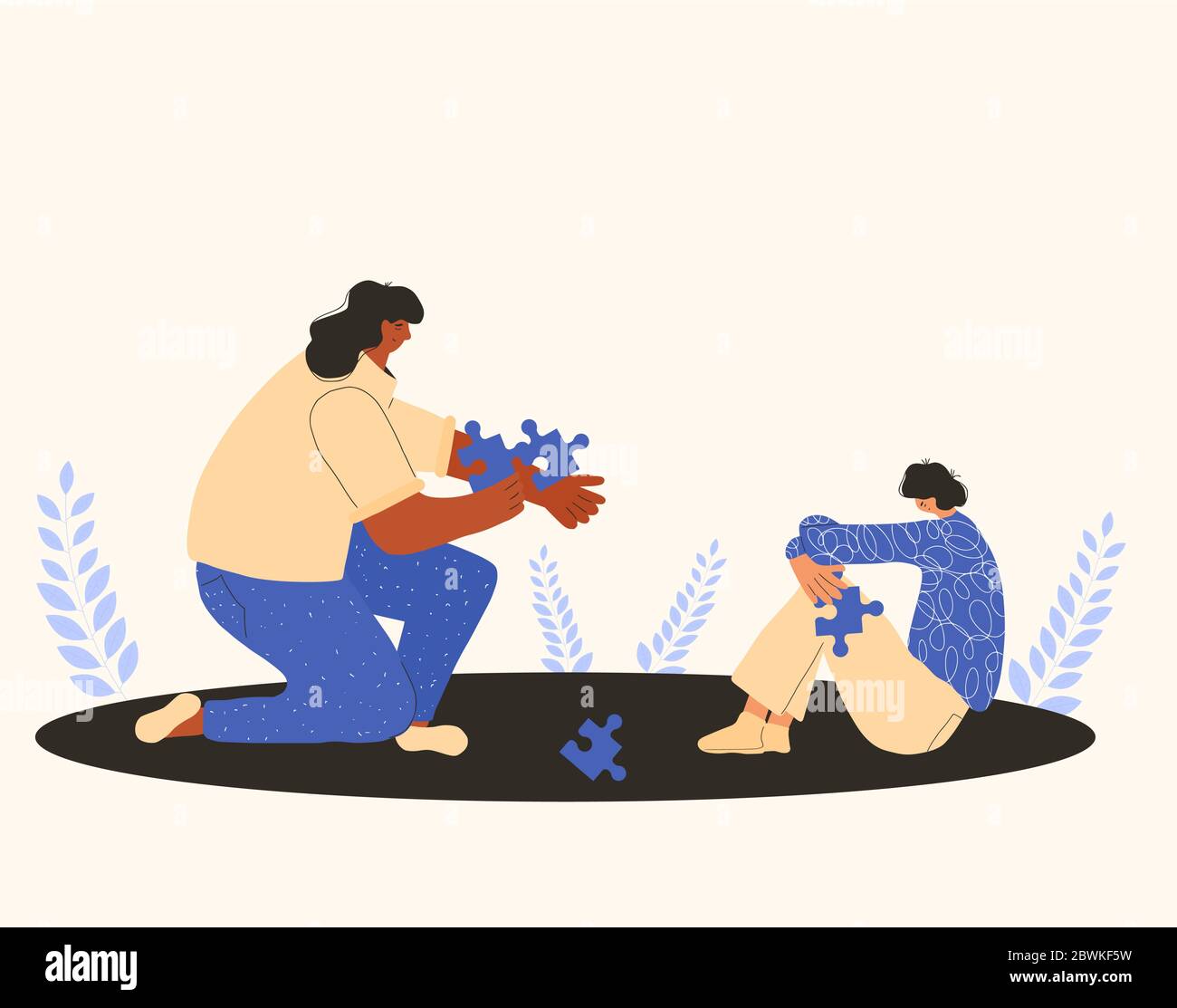 Psychotherapy communication. Character with autism sitting on the floor ...