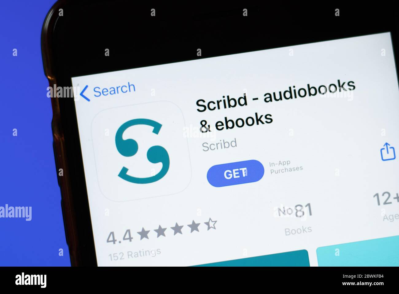 Moscow, Russia - 1 June 2020: Scribd app mobile logo close-up on screen ...