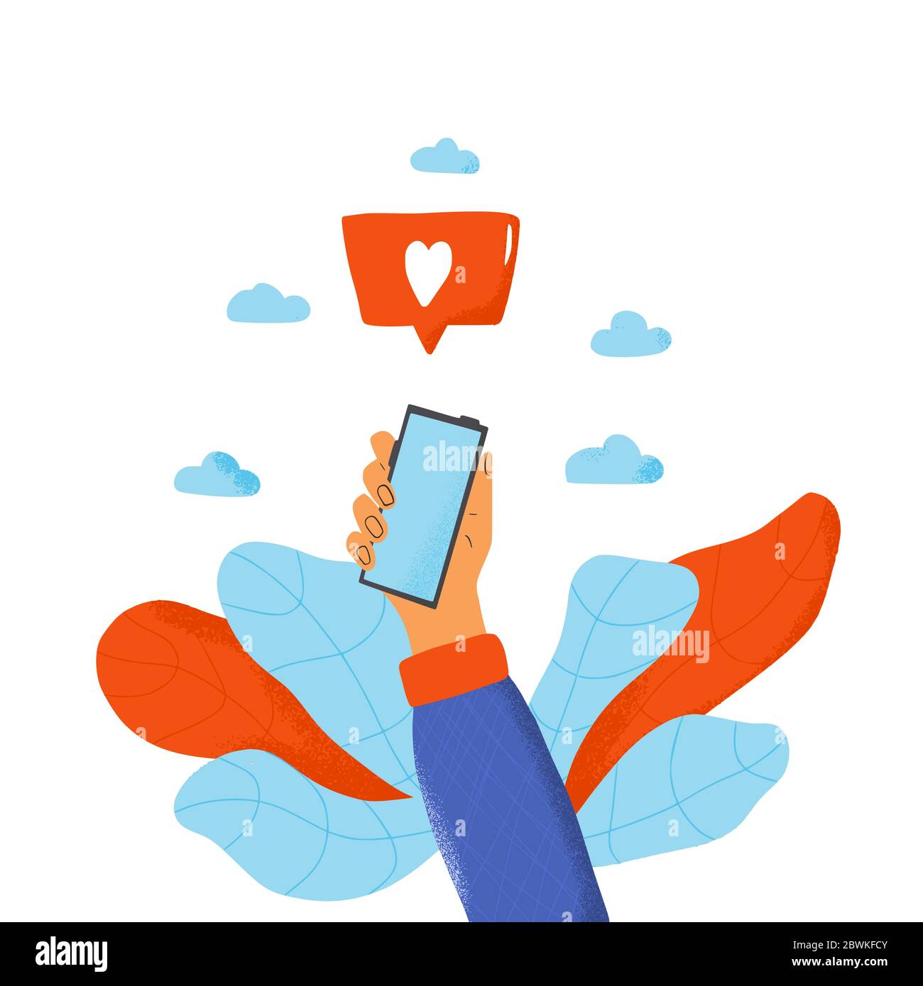 Like message. Human hand holding a phone. Smartphone with empty screen ...