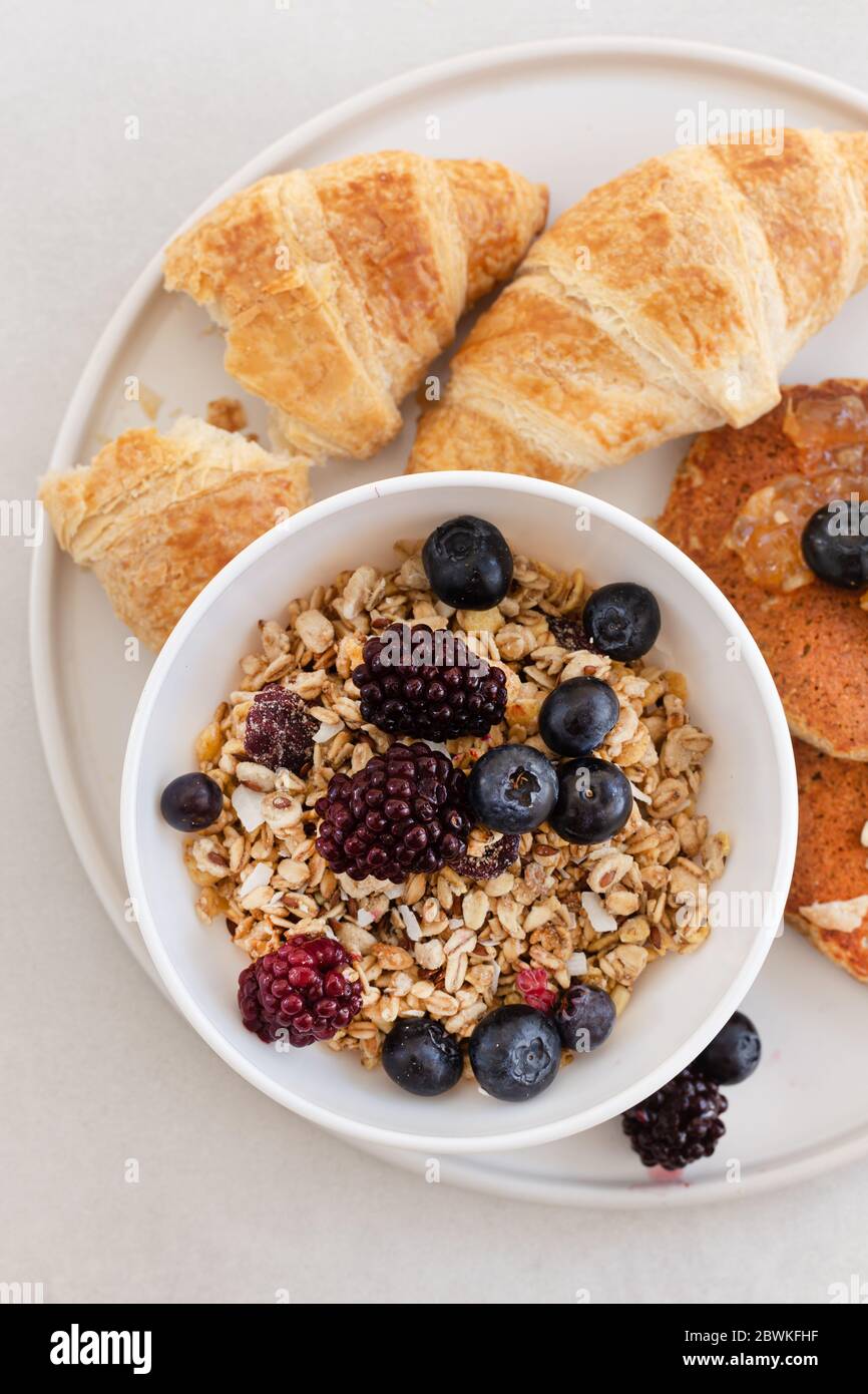 Topview image of healthy and nutritious breakfast platter with granola ...