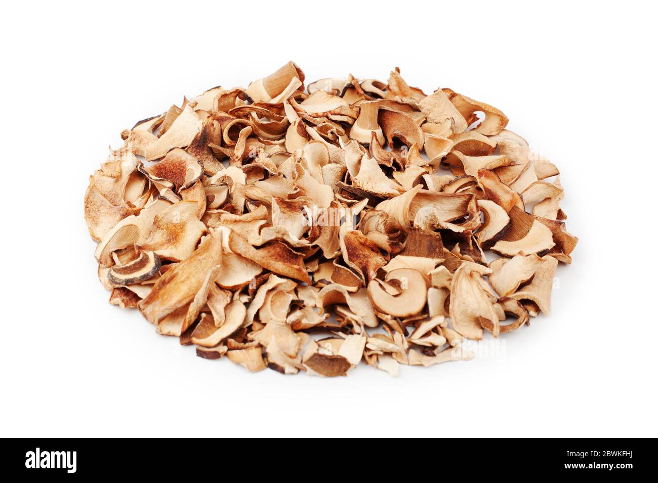 Edible dried mushrooms round pile white background closeup, dry boletus ...
