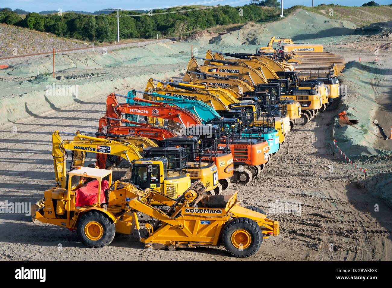 Earthmoving machines parked on road construction site at Otaki ...