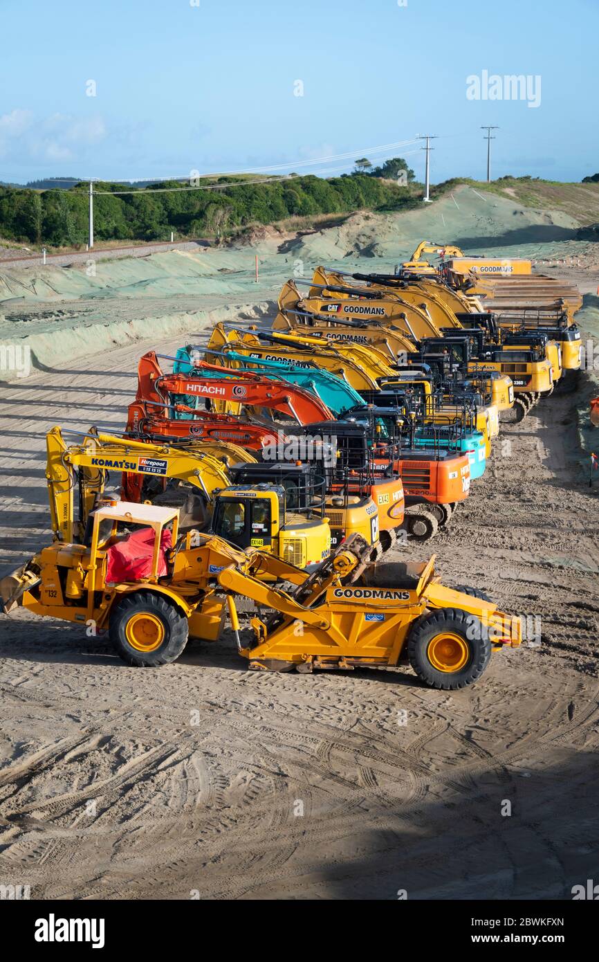 Earthmoving machines parked on road construction site at Otaki ...