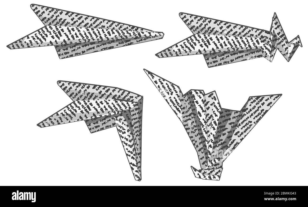 Paper airplane cartoon vector illustration, horizontal, over white ...