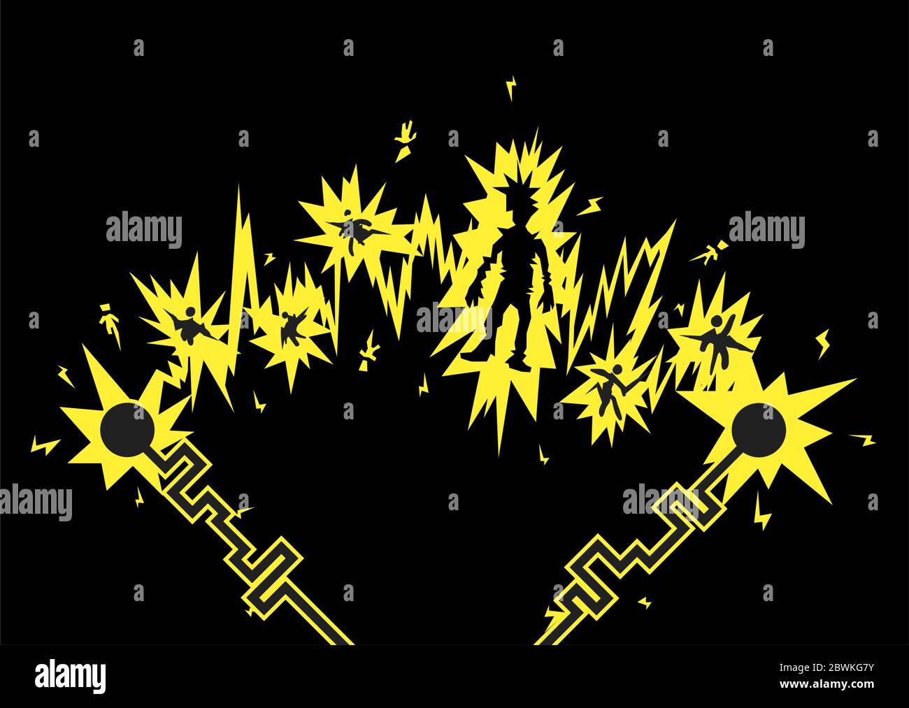 Electric shock figures chain cartoon, vector illustration, horizontal ...