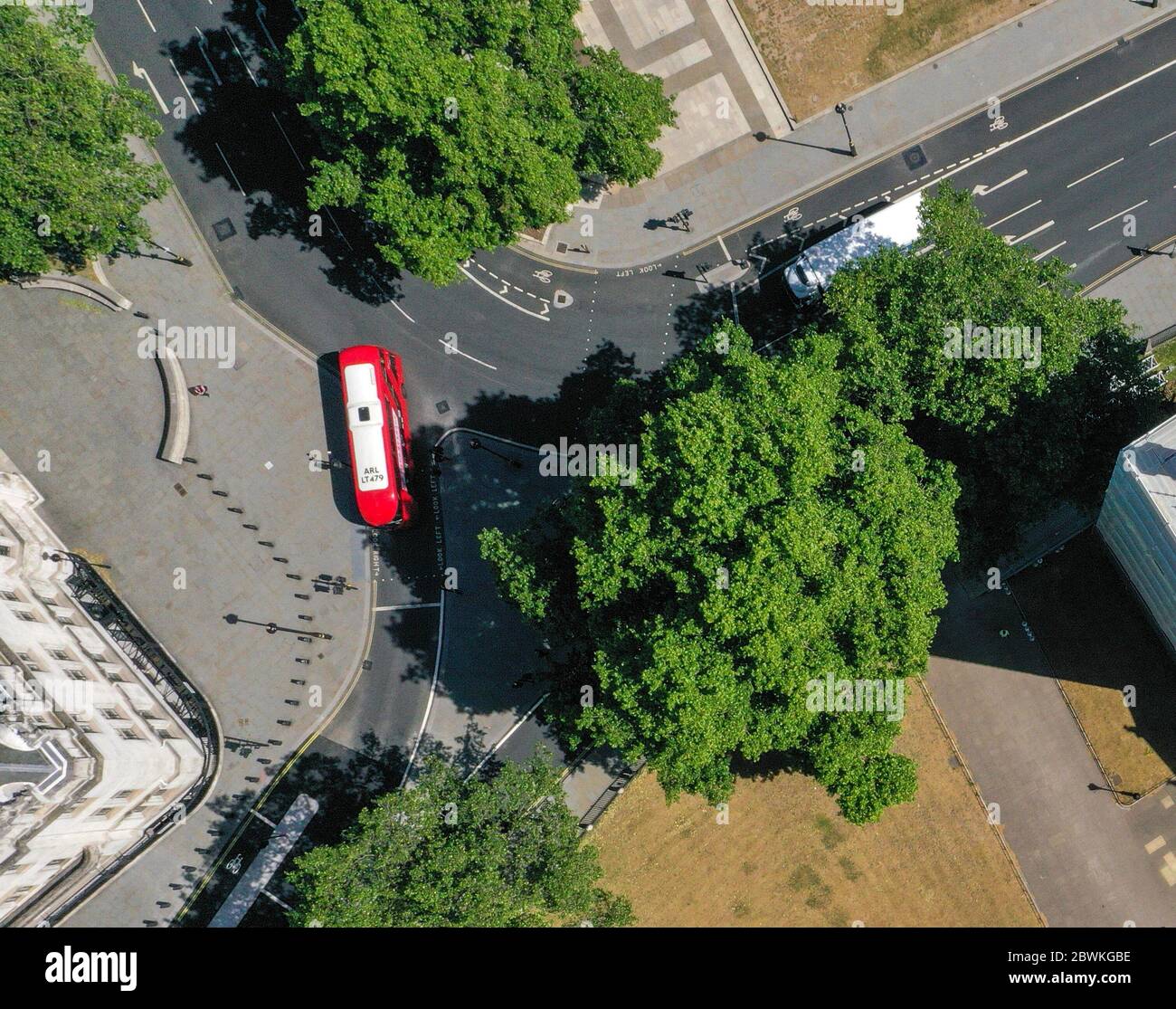 An aerial view of London showing a bus passing in front of the Supreme ...