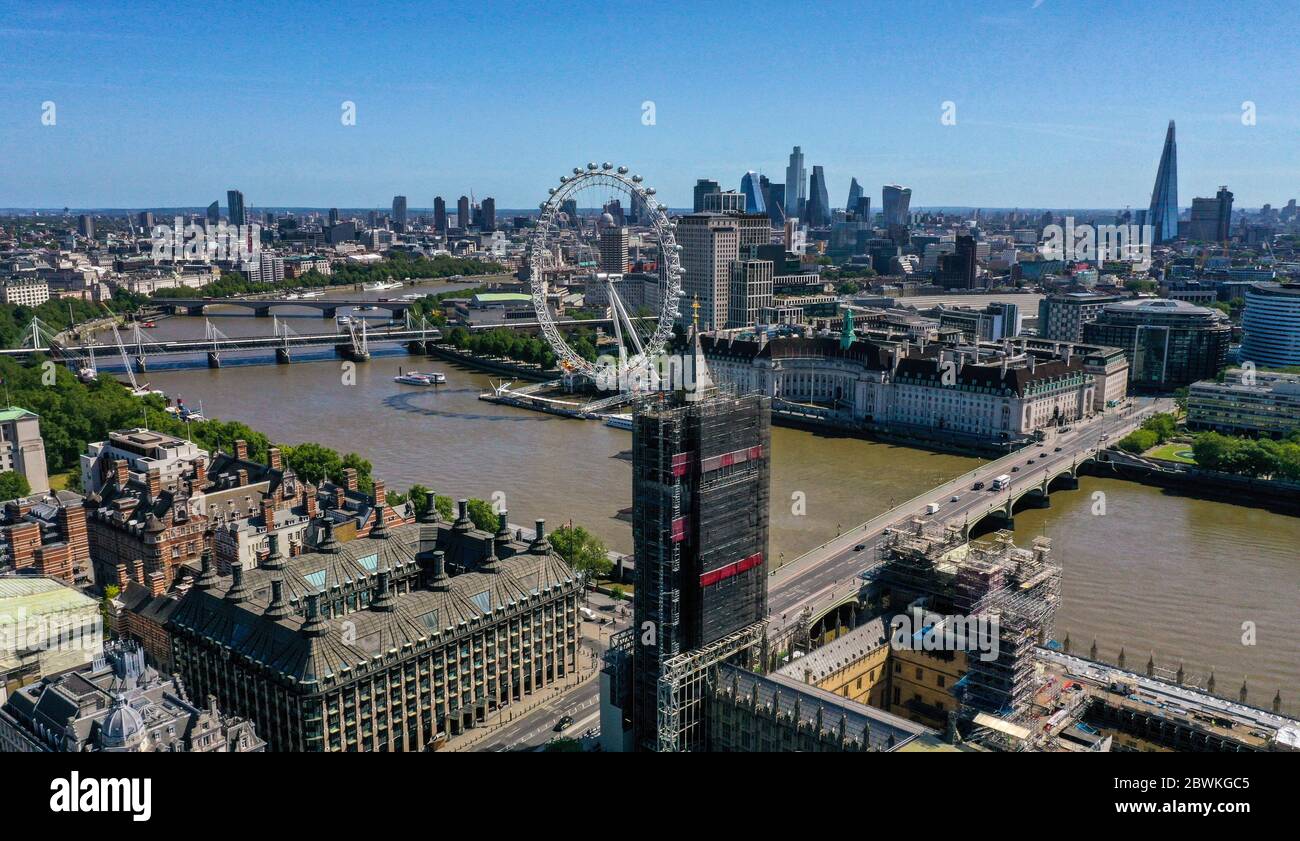 An aerial view of London showing the London Eye (centre) County Hall ...