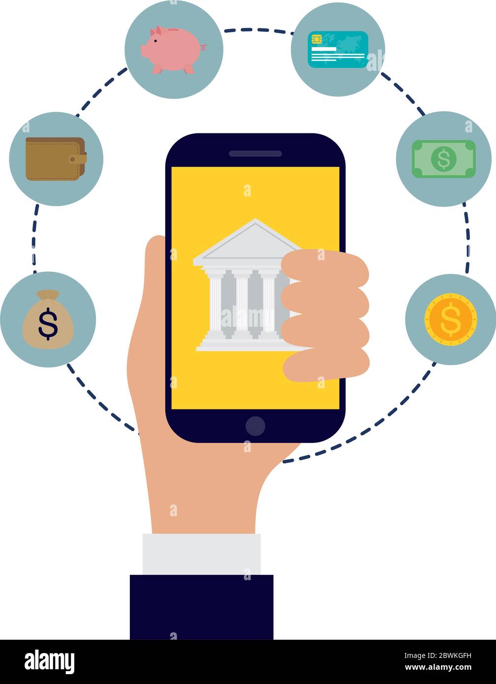 Hand holding smartphone with bank and icons vector design Stock Vector ...