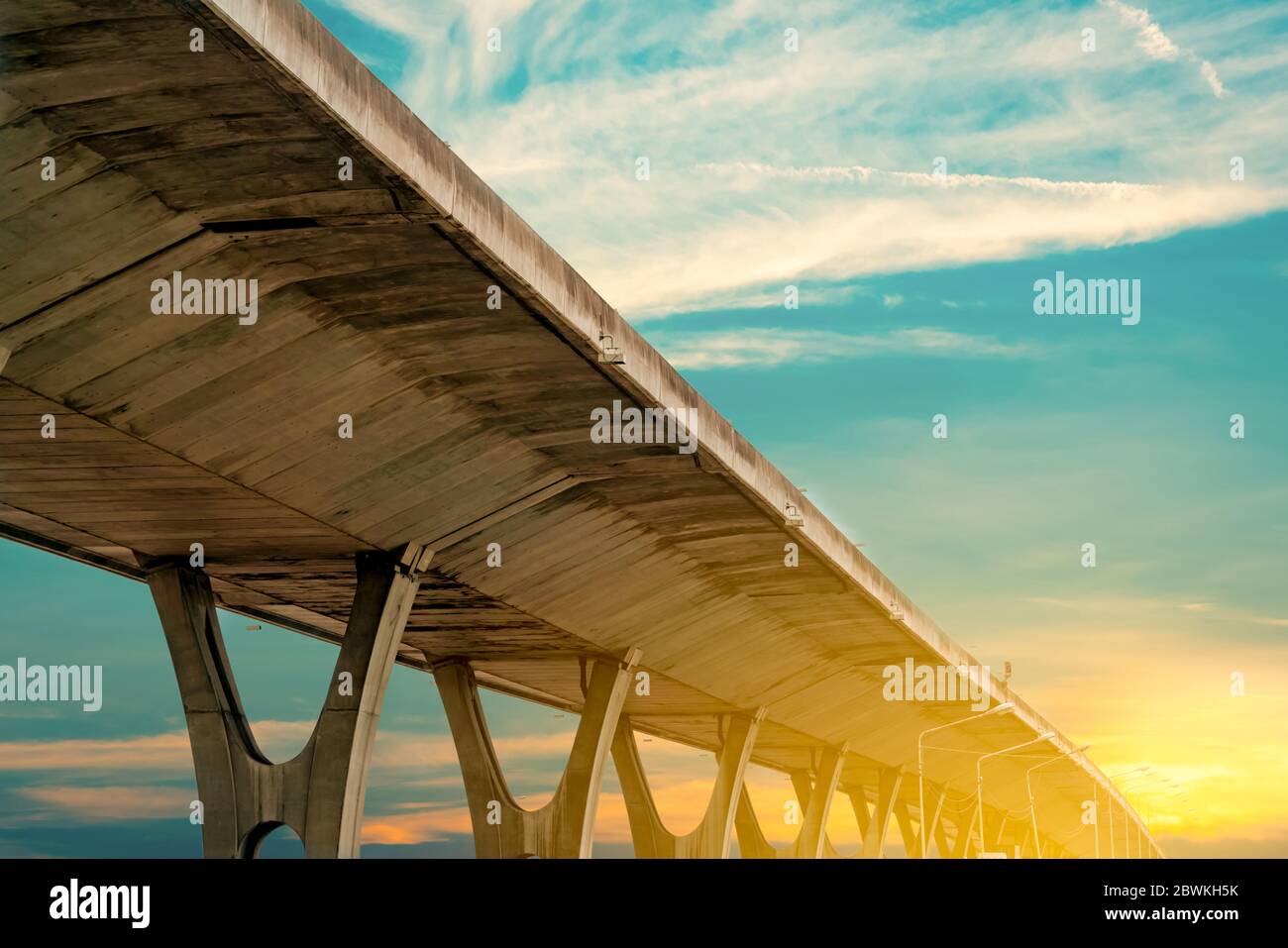 Bottom view of elevated concrete highway. Overpass concrete road. Road ...