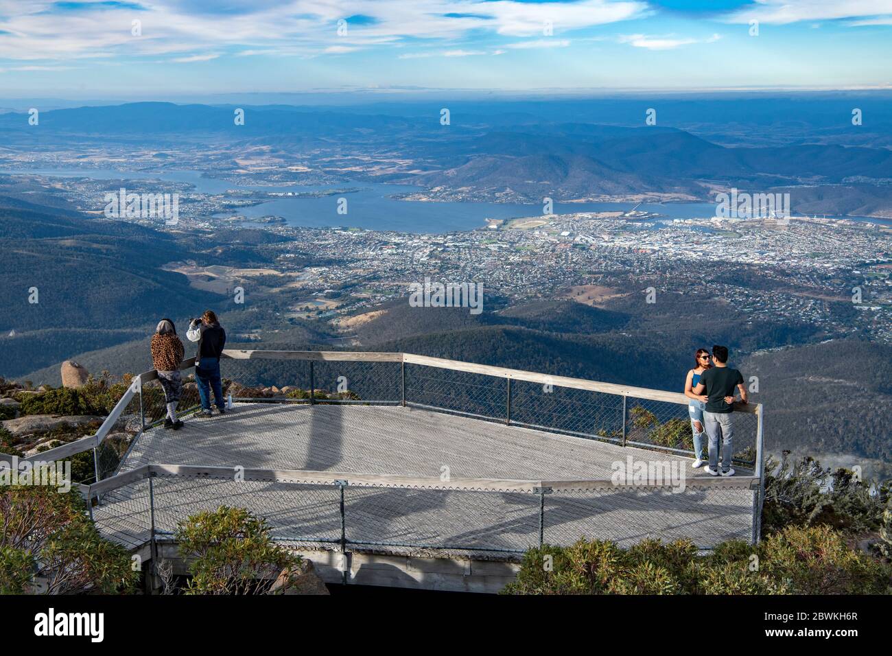 Mt Wellington lookout with distant view of Hobart and Derwent River ...