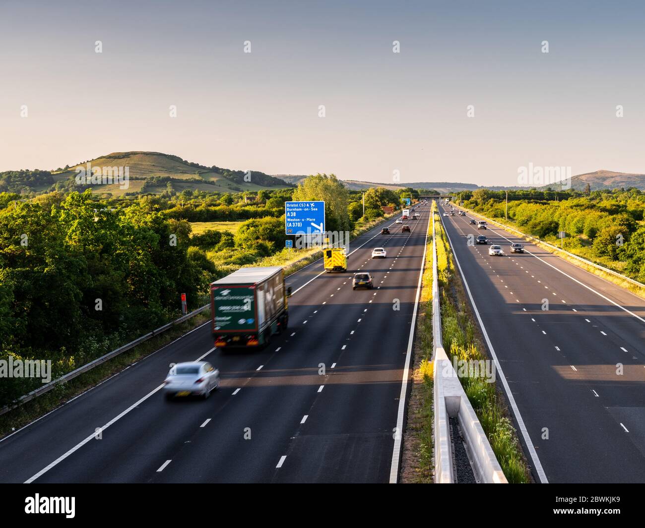 Highbridge, England, UK - May 31, 2020: Cars and lorries speed along ...