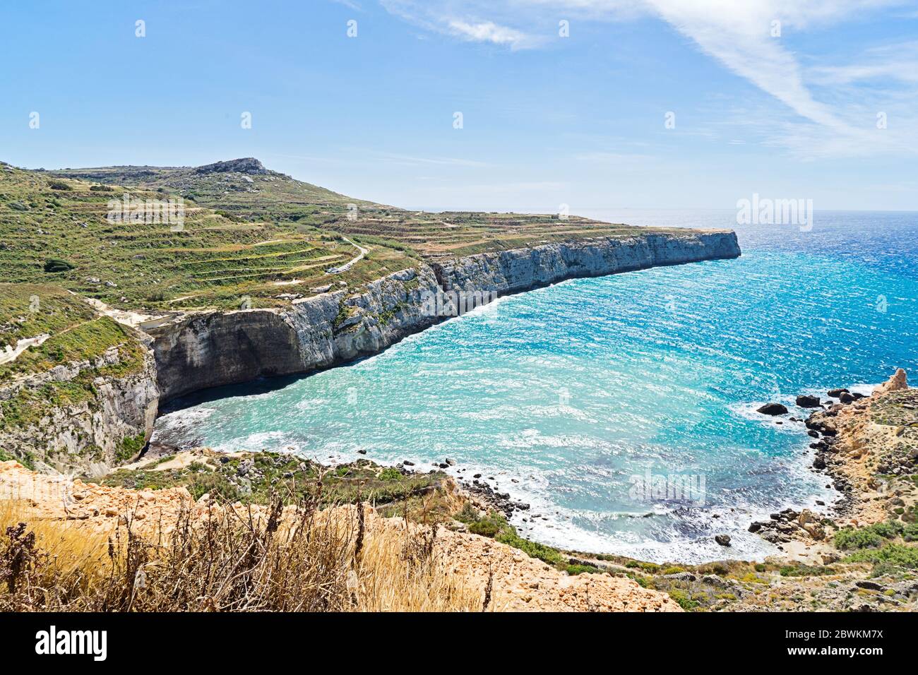 Scenic view of Fomm Ir-Rih bay with blue water of Mediterranean Sea and ...