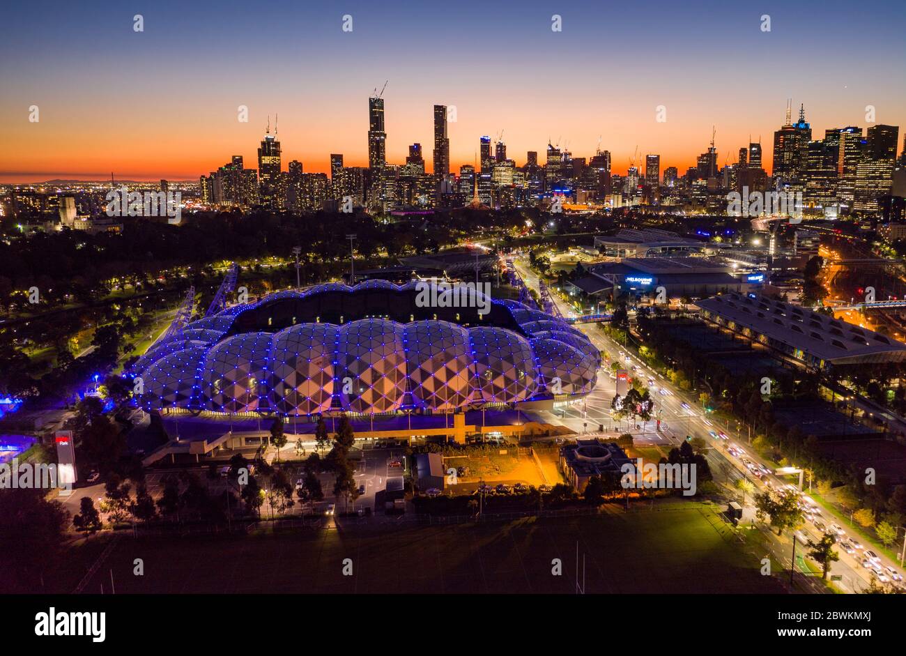 Melbourne Australia May 15th 2020 : Aerial night view of AAMI stadium ...